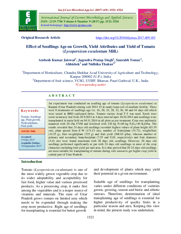 Pdf Effect Of Seedlings Age On Growth Yield Attributes And Yield Of