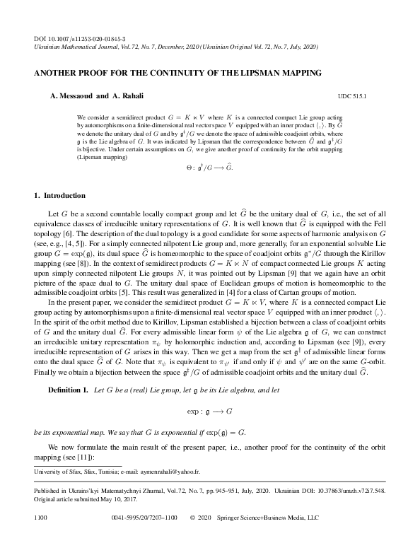 (PDF) Another Proof for the Continuity of the Lipsman Mapping | aymen ...