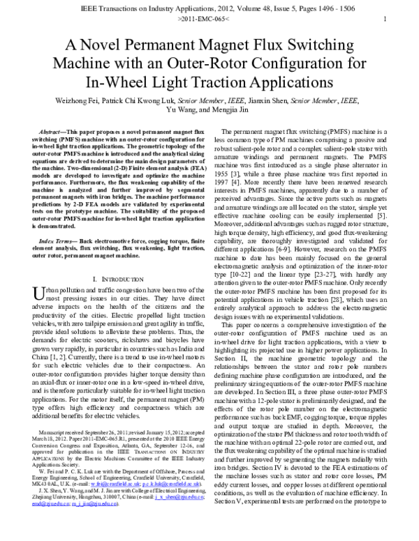 (PDF) Outer-Rotor PMFS Machine for Light Traction