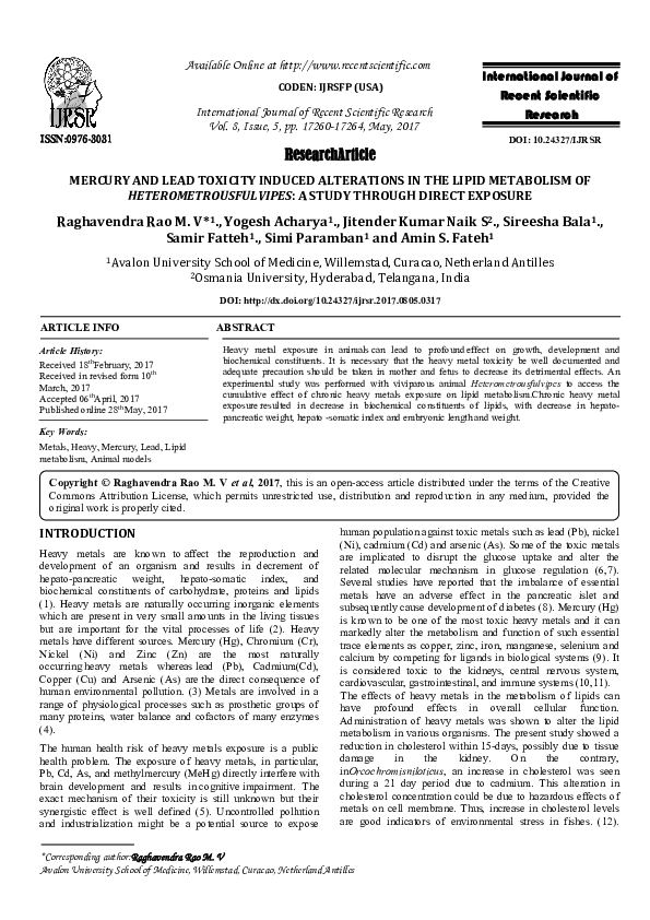 (PDF) Mercury and lead toxicity induced alterations in the lipid ...