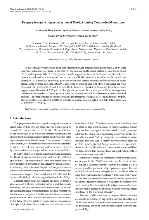 (PDF) Preparation and Characterization of PA66/ALUMINA Composite Membrane | Jocelei Duarte ...