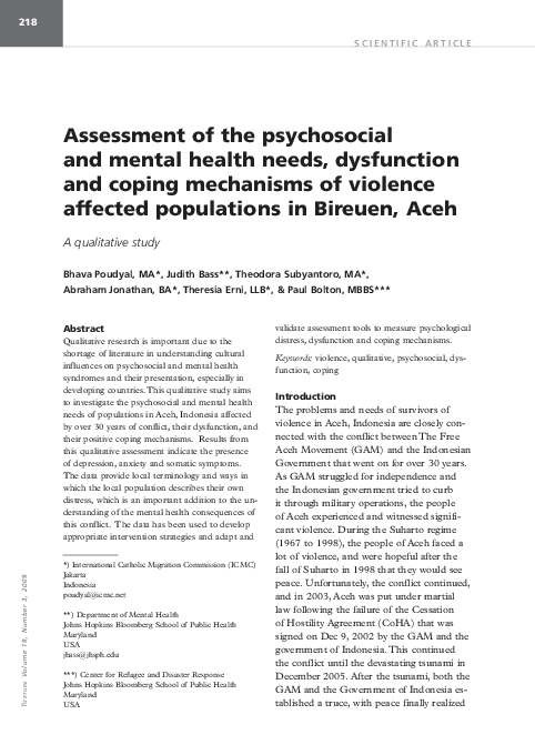 (PDF) Assessment of the psychosocial and mental health needs, dysfunction and coping mechanisms ...