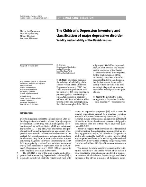 (PDF) The Children’s Depression Inventory and classification of major depressive disorder