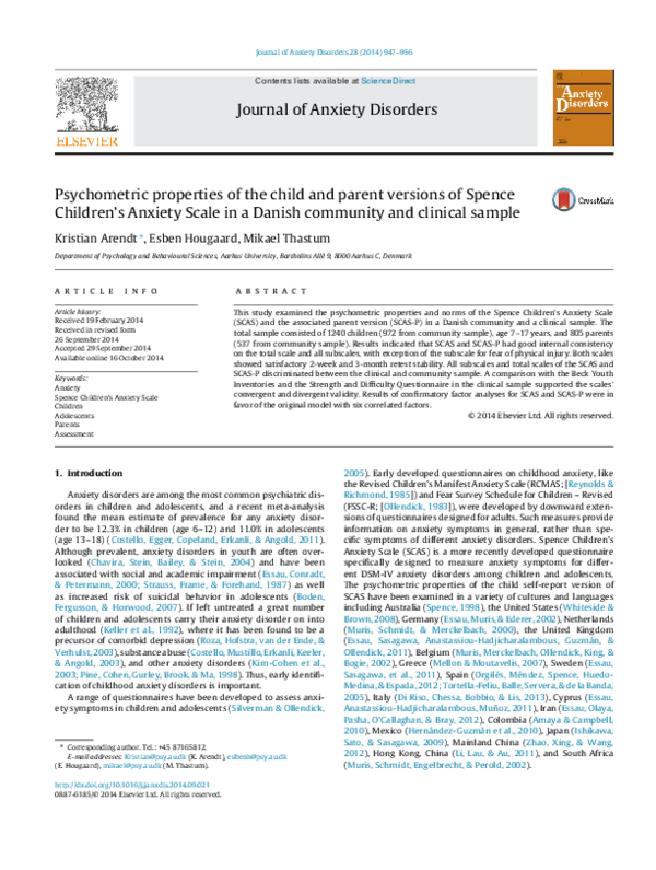 (PDF) Psychometric properties of the child and parent versions of Spence Children's Anxiety ...