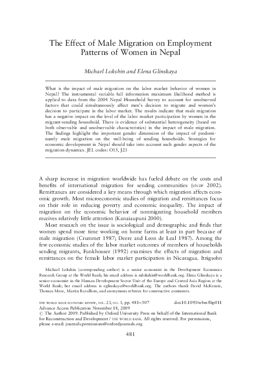 (PDF) The Effect of Male Migration on Employment Patterns of Women in Nepal