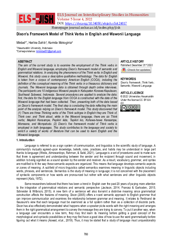 (PDF) Dixon's Framework Model of Think Verbs in English and Wawonii ...