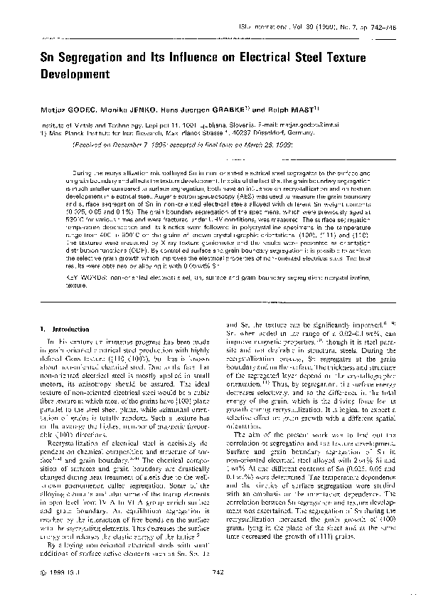 (PDF) Sn Segregation and Its Influence on Electrical Steel Texture ...