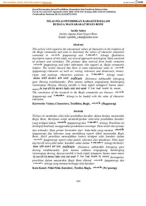 (PDF) Nilai-Nilai Pendidikan Karakter Dalam Budaya Masyarakat Bugis Bone