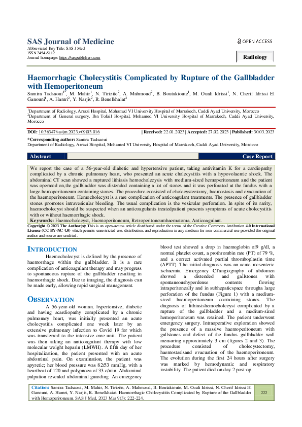 (PDF) Haemorrhagic Cholecystitis Complicated by Rupture of the ...