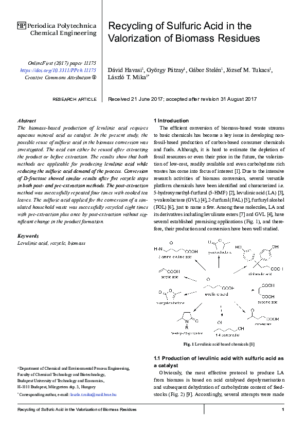 (PDF) Recycling Sulfuric Acid for Biomass to Levulinic Acid Production