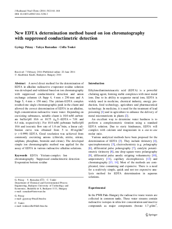 (PDF) New EDTA determination method based on ion chromatography with suppressed conductimetric ...