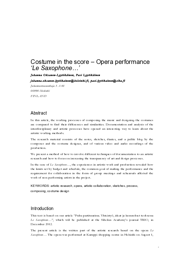 (PDF) Costume in the score – Opera performance ’Le Saxophone…’