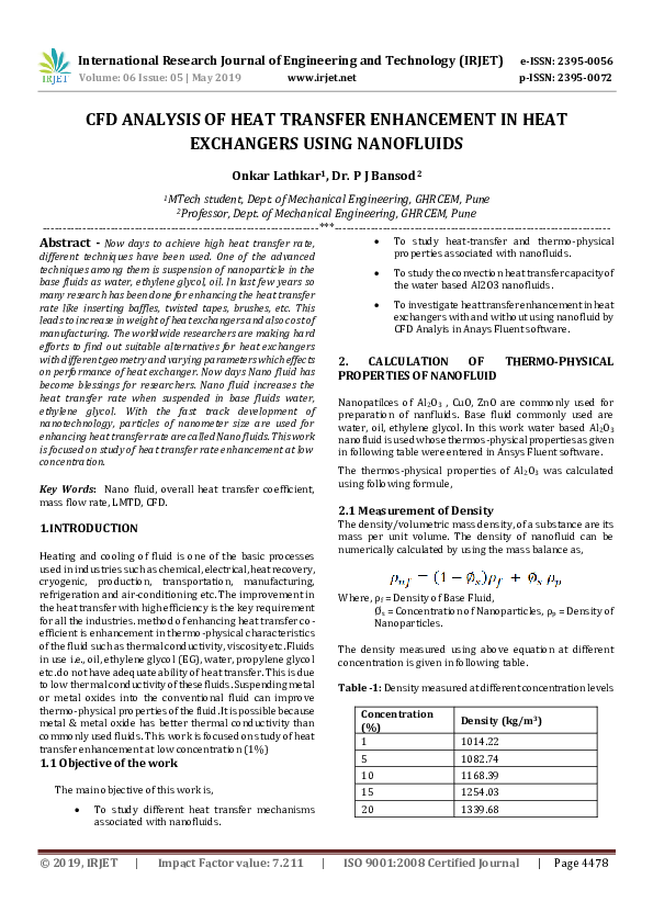 (PDF) CFD ANALYSIS OF HEAT TRANSFER ENHANCEMENT IN HEAT EXCHANGERS USING NANOFLUIDS