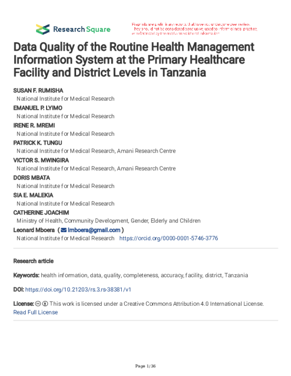 (PDF) Data quality of the routine health management information system ...