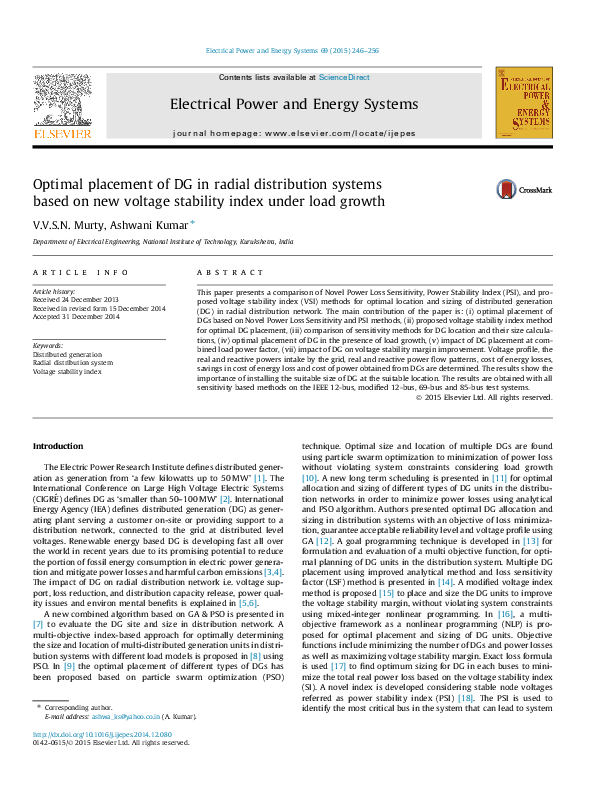 (PDF) Optimal placement of DG in radial distribution systems based on new voltage stability ...