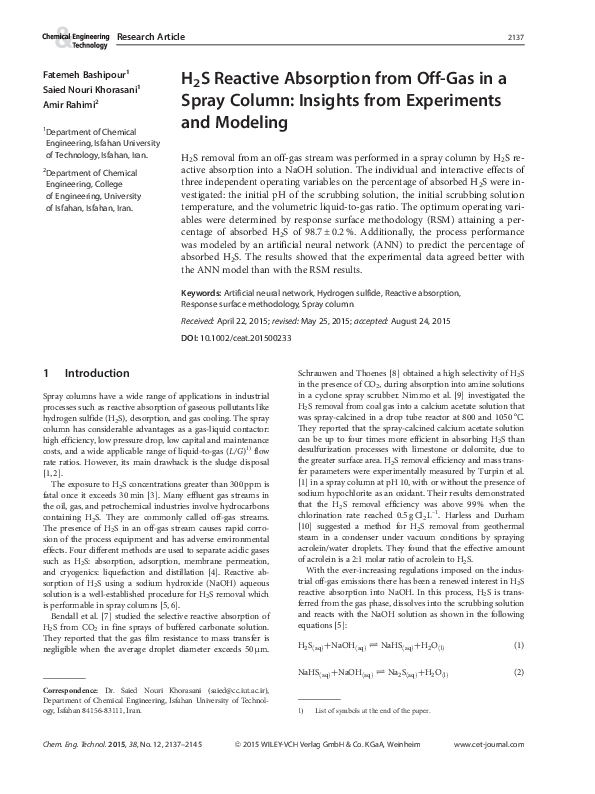 (PDF) H2S Reactive Absorption from Off-Gas in a Spray Column: Insights from Experiments and Modeling
