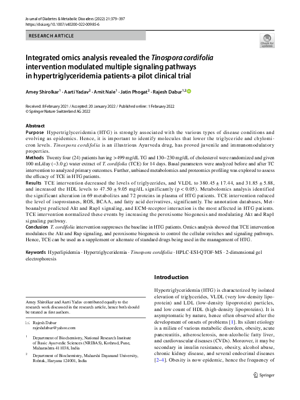 (PDF) Integrated omics analysis revealed the Tinospora cordifolia intervention modulated ...