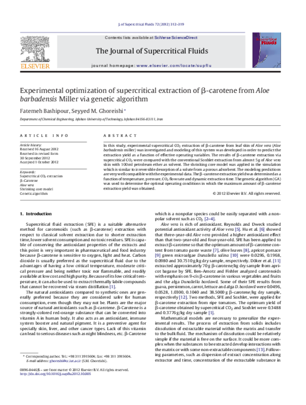 (PDF) Experimental optimization of supercritical extraction of β-carotene from Aloe barbadensis ...