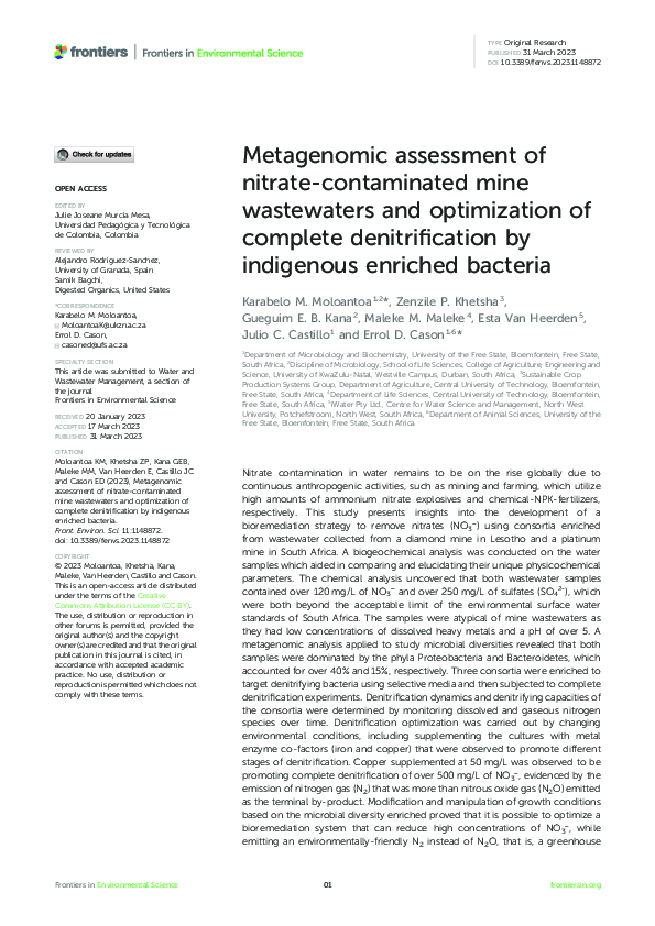 (PDF) Metagenomic assessment of nitrate-contaminated mine wastewaters and optimization of ...