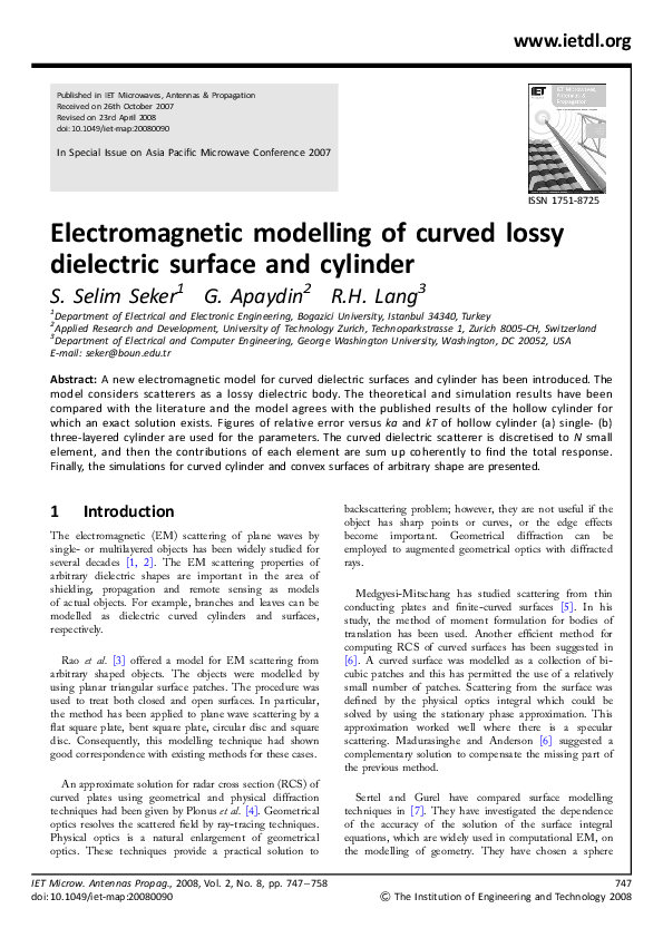 Pdf Electromagnetic Modelling Of Curved Lossy Dielectric Surface And Cylinder Selim Seker