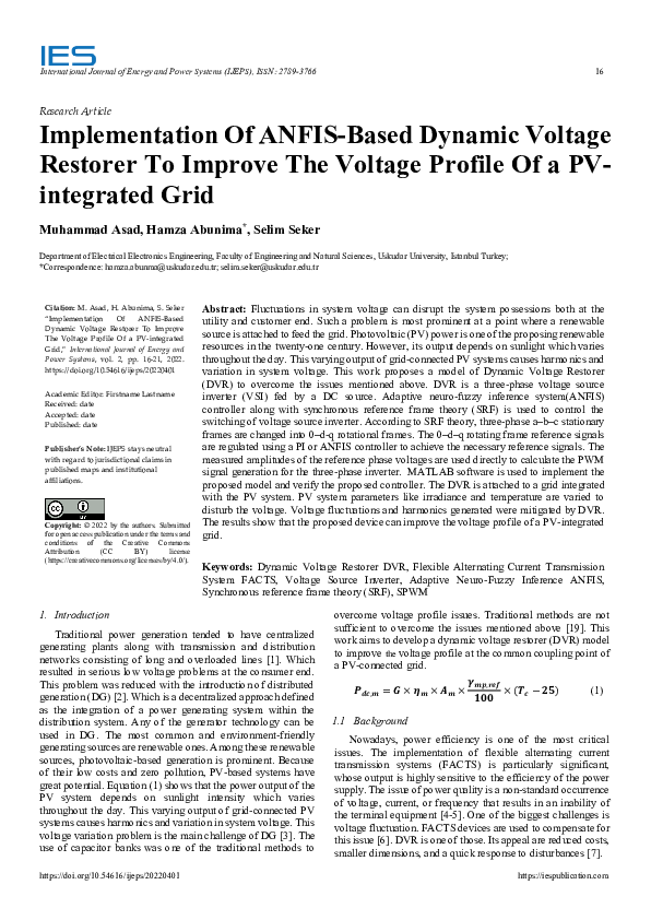 (PDF) Implementation Of ANFIS-Based Dynamic Voltage Restorer To Improve The Voltage Profile Of a ...
