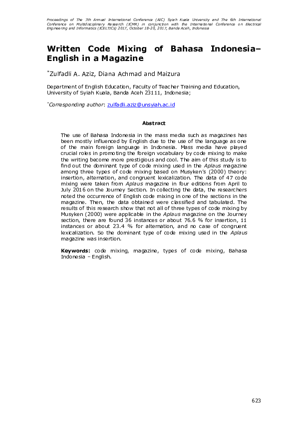 (PDF) Written code mixing of Bahasa Indonesia–English in a magazine