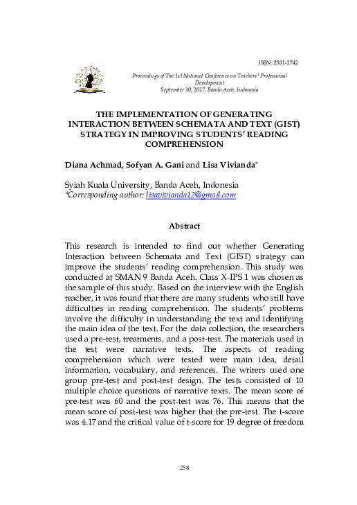 Pdf The Implementation Of Generating Interaction Between Schemata And Text Gist Strategy In
