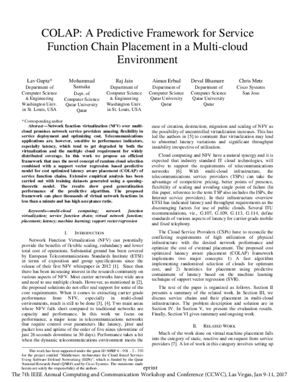 Pdf Colap A Predictive Framework For Service Function Chain Placement In A Multi Cloud