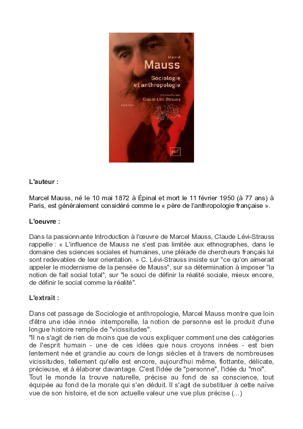 (PDF) Marcel Mauss, histoire de la notion de personne