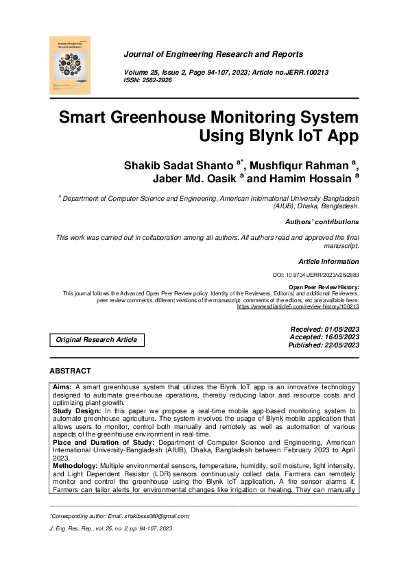 Pdf Smart Greenhouse Monitoring System Using Blynk Iot App