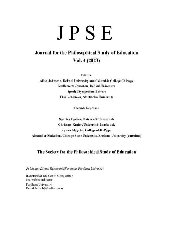 (PDF) Journal for the Philosophical Study of Education (JPSE) Vol 4 (2023)