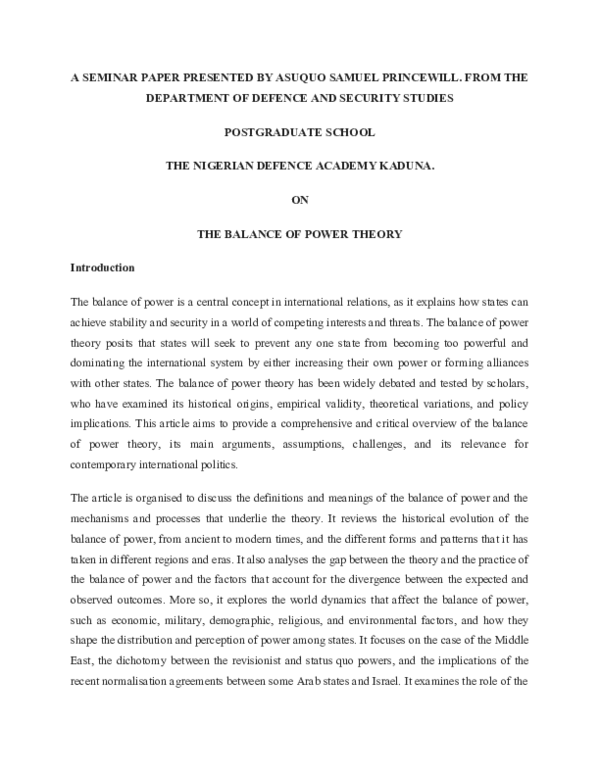 (DOC) BALANCE OF POWER THEORY