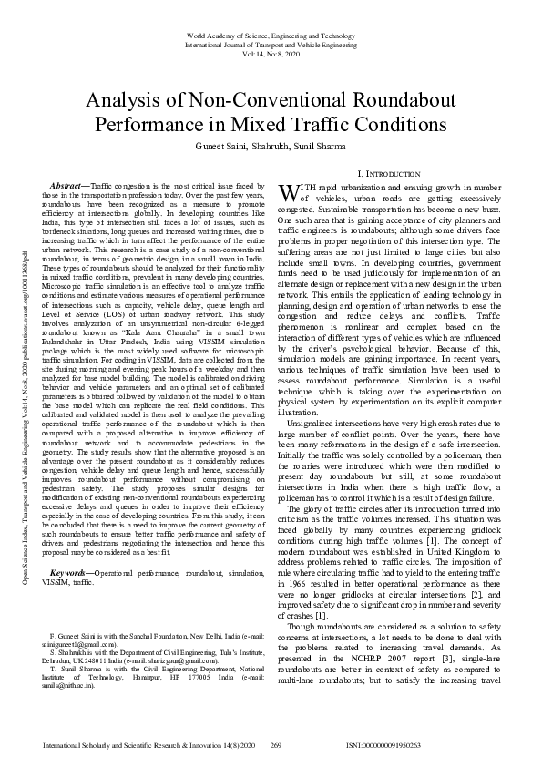 (PDF) Analysis of Non-Conventional Roundabout Performance in Mixed Traffic Conditions