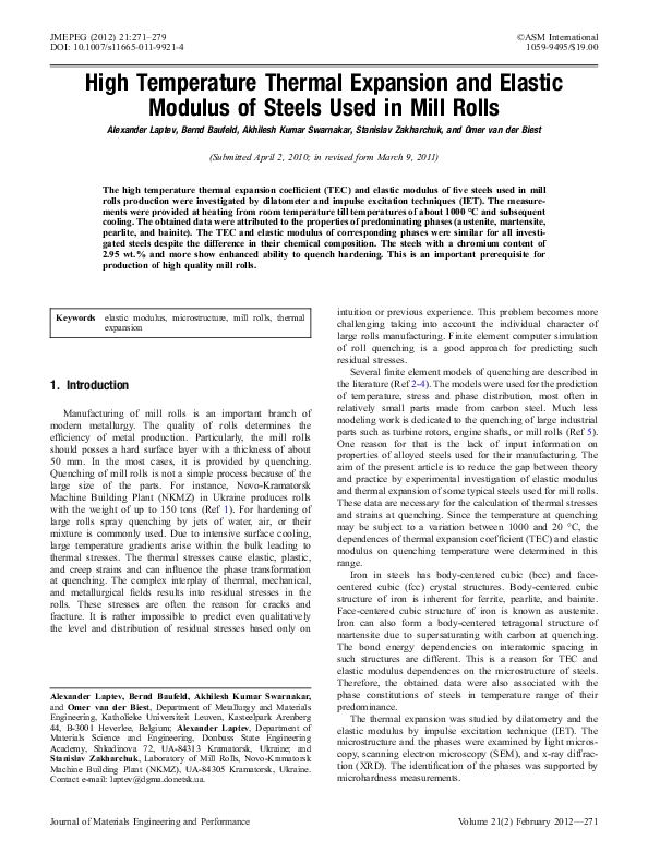 (PDF) High Temperature Thermal Expansion and Elastic Modulus of Steels ...