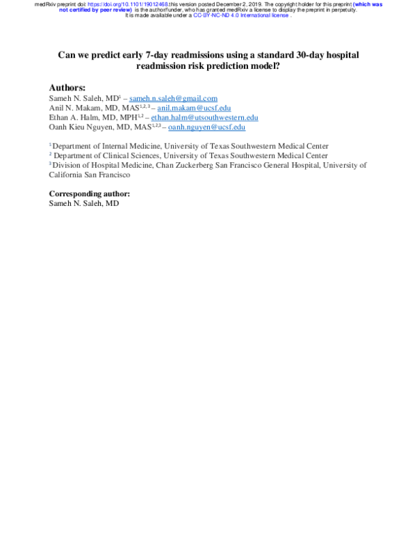 (PDF) Can we predict early 7-day readmissions using a standard 30-day hospital readmission risk ...