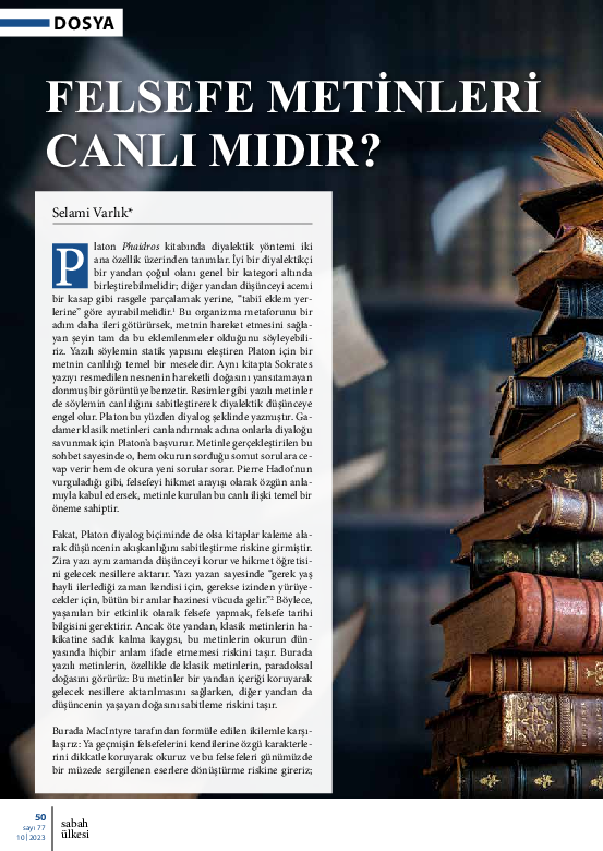 (PDF) Felsefe metinleri canlı mıdır? (Are philosophical texts living?) Sabah Ülkesi, n° 77.