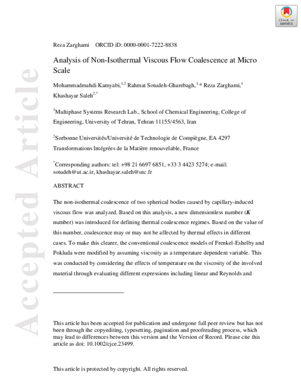 (PDF) Analysis of Non‐Isothermal Viscous Flow Coalescence at Micro Scale | Reza Zarghami ...