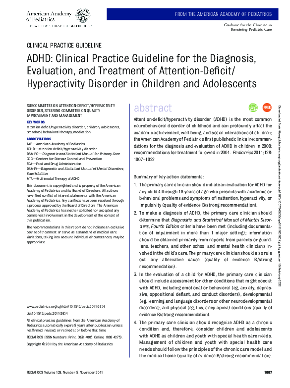(PDF) ADHD: Clinical Practice Guideline for the Diagnosis, Evaluation, and Treatment of ...