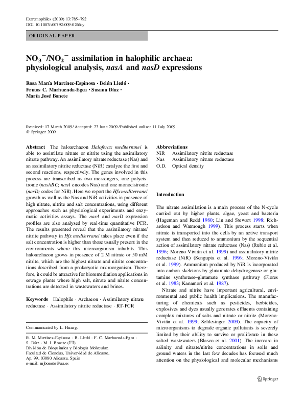 (PDF) NO3 −/NO2 − assimilation in halophilic archaea: physiological analysis, nasA and nasD ...