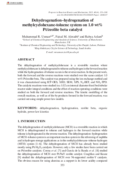 (PDF) Dehydrogenation-hydrogenation of methylcyclohexane-toluene system on 1.0 wt% Pt/zeolite ...