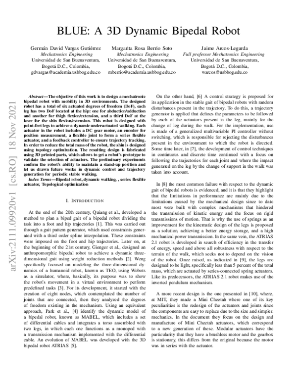 (PDF) BLUE: A 3D Dynamic Bipedal Robot