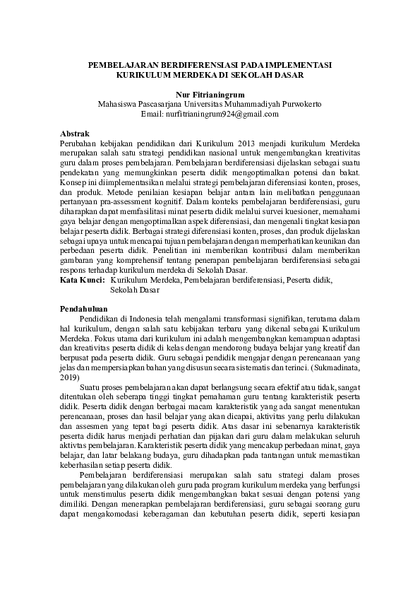 (PDF) PEMBELAJARAN BERDIFERENSIASI PADA IMPLEMENTASI KURIKULUM MERDEKA DI SEKOLAH DASAR