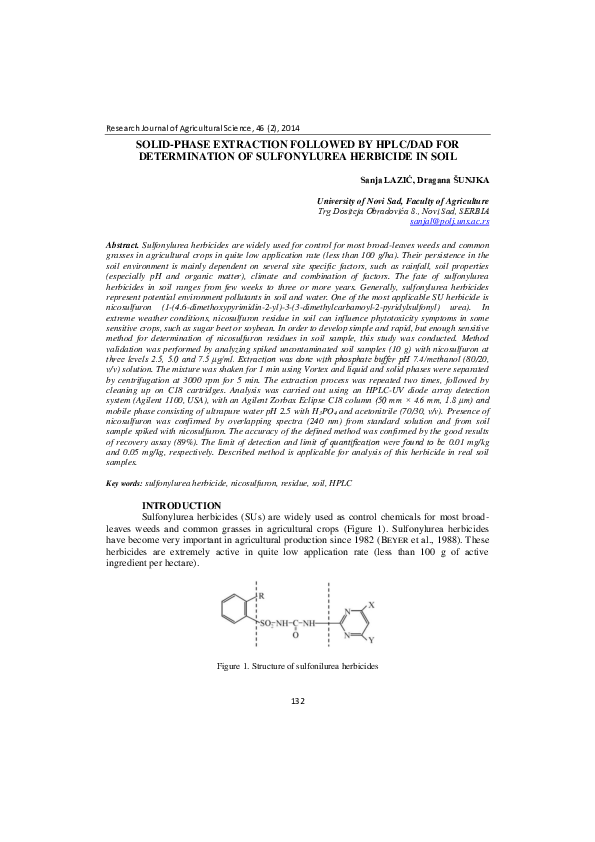 (PDF) Solid-phase extraction followed by HPLC/DAD for determination of sulfonylurea herbicide in ...