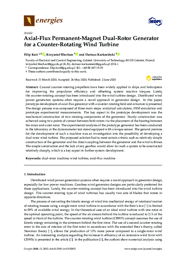 (PDF) Axial-Flux Permanent-Magnet Dual-Rotor Generator for a Counter-Rotating Wind Turbine