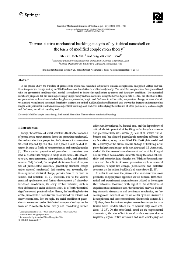 (PDF) Thermo-electro-mechanical buckling analysis of cylindrical nanoshell on the basis of ...