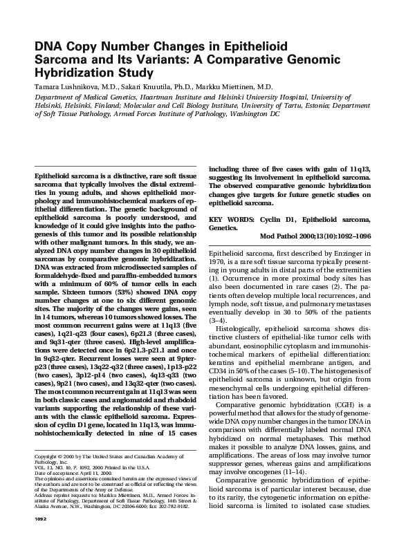 (PDF) Genomic Insights into Epithelioid Sarcoma