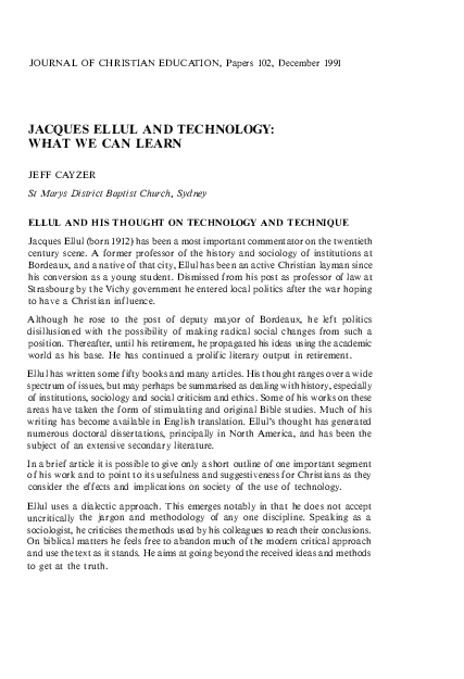 (PDF) Jacques Ellul and Technology: What We Can Learn