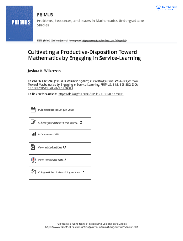 (PDF) Cultivating a Productive-Disposition Toward Mathematics by ...