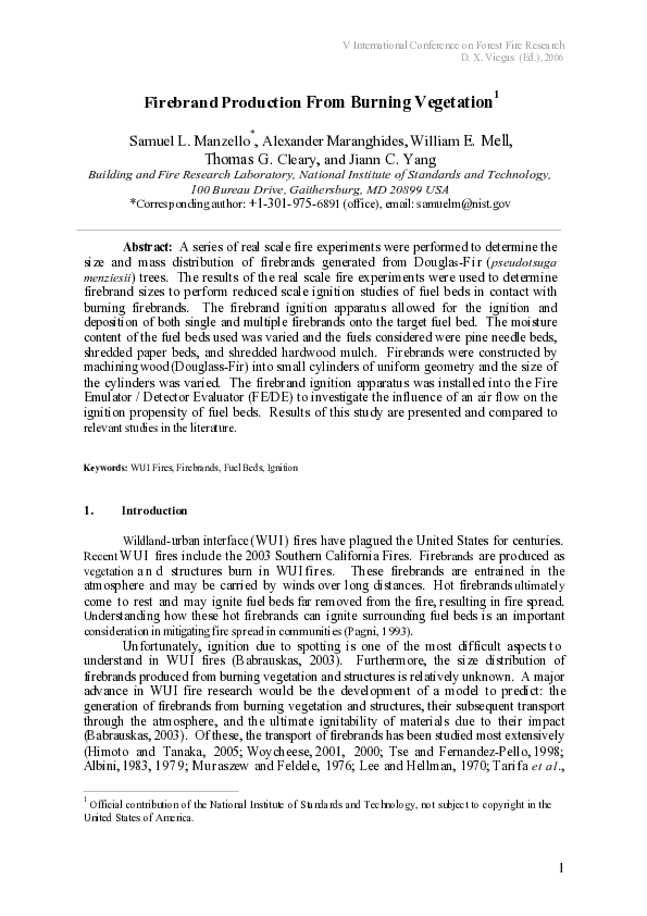 (PDF) Firebrand Production From Burning Vegetation | NIST | William ...