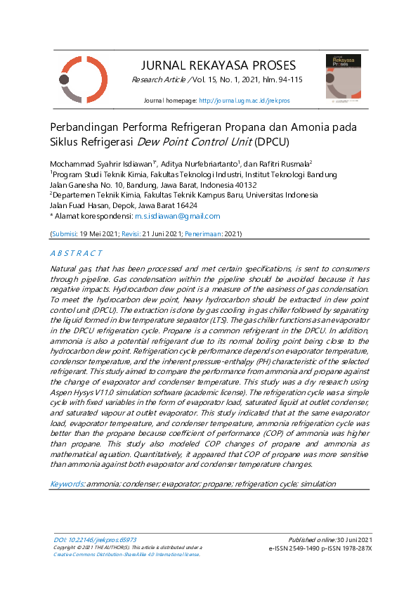 (PDF) Perbandingan Performa Refrigeran Propana dan Amonia pada Siklus Refrigerasi Dew Point ...
